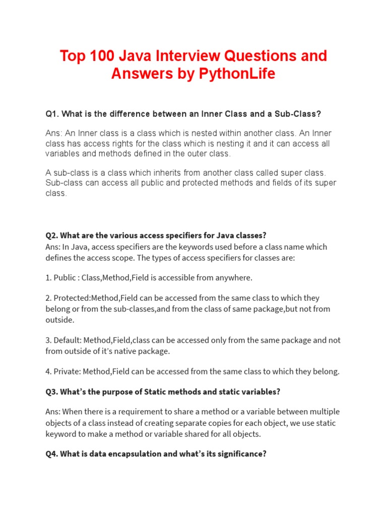 Top 100 Java Interview Questions and Answers by PythonLife | PDF ...