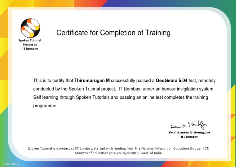 Certificate For Completion of Training: Spoken Tutorial Project at IIT Bombay | PDF