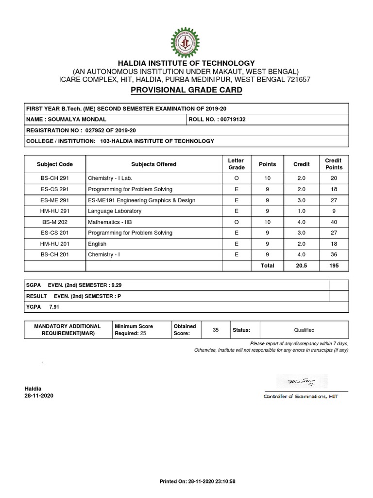 Provisional Grade Card: Haldia Institute of Technology | PDF