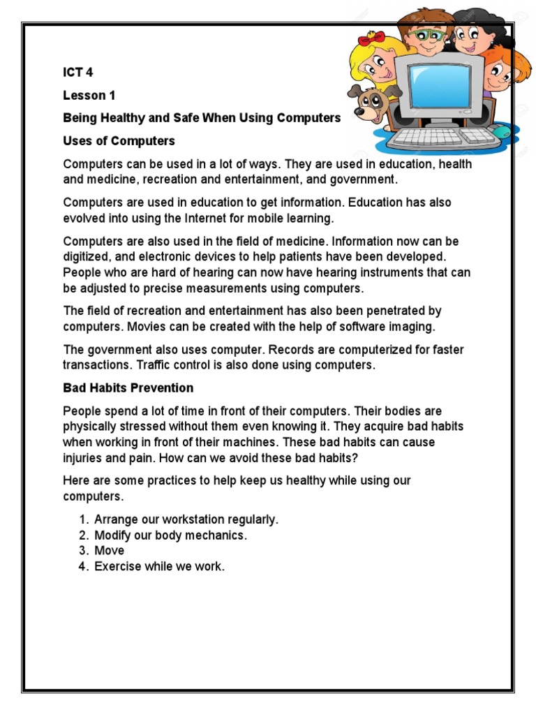 Ict 4 Lesson 1 Being Healthy and Safe When Using Computers Uses of ...