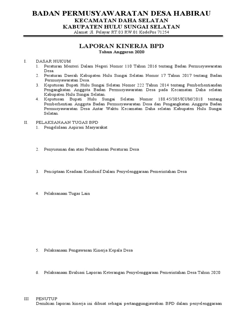 Laporan Kinerja BPD 20 | PDF