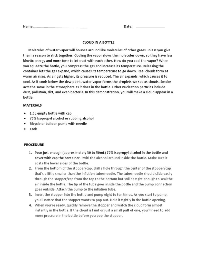 Cloud in A Bottle Experiment | PDF | Atmosphere Of Earth | Gases