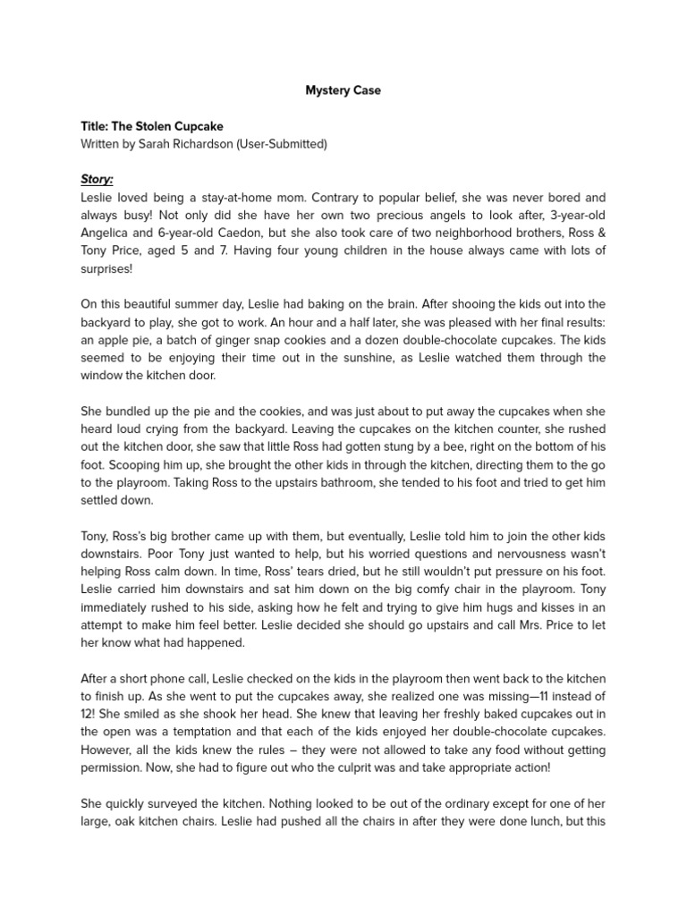 Story:: Mystery Case Title: The Stolen Cupcake | PDF