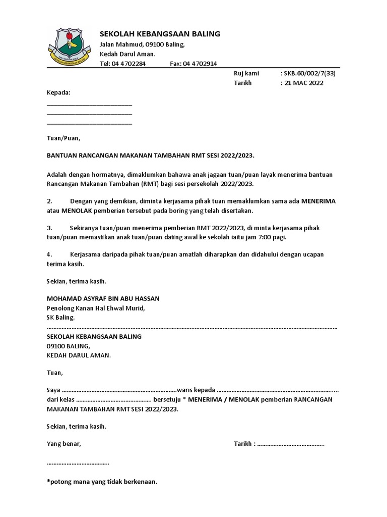 Surat Setuju Terima RMT Waris | PDF