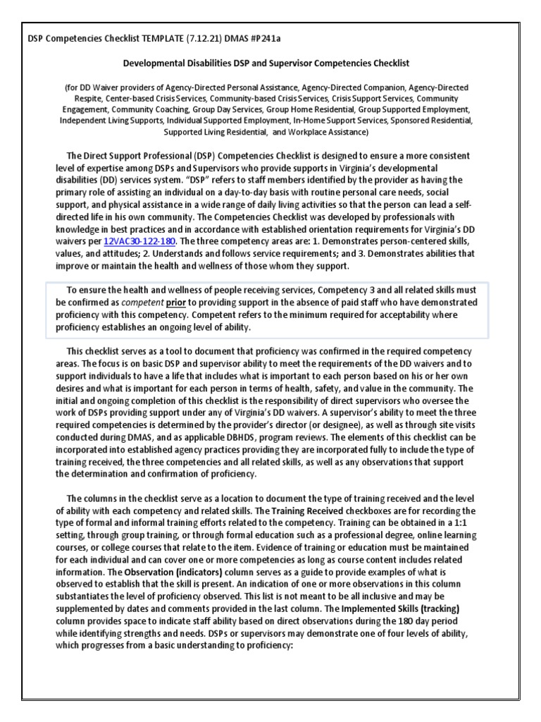 Developmental Disabilities DSP and Supervisor Competencies Checklist ...