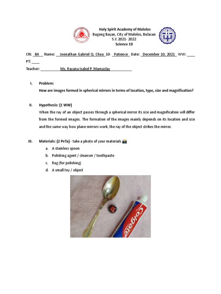 B04 Joenathan Gabriel Chua - Spoon Experiment | PDF | Mirror | Glass ...