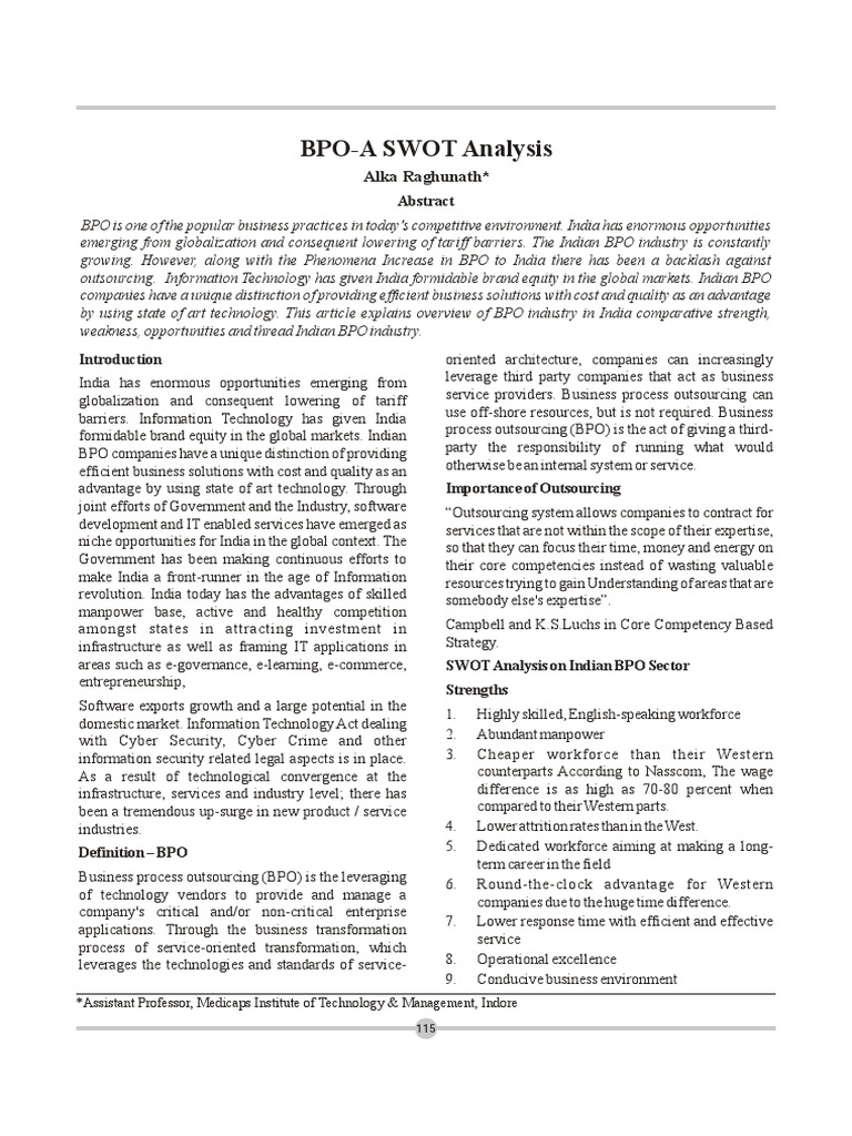 BPO_A_SWOT_Analysis_684462175 | PDF | Outsourcing | Business