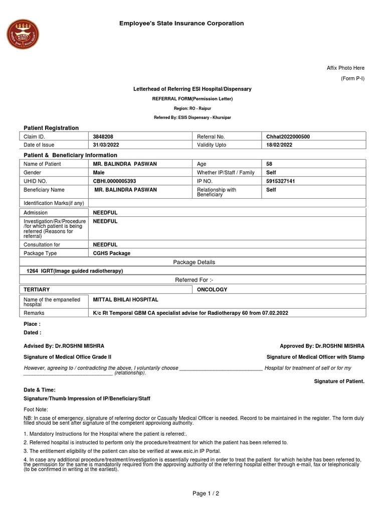 ESIC Patient Referral Form Template | PDF | Patient | Hospital
