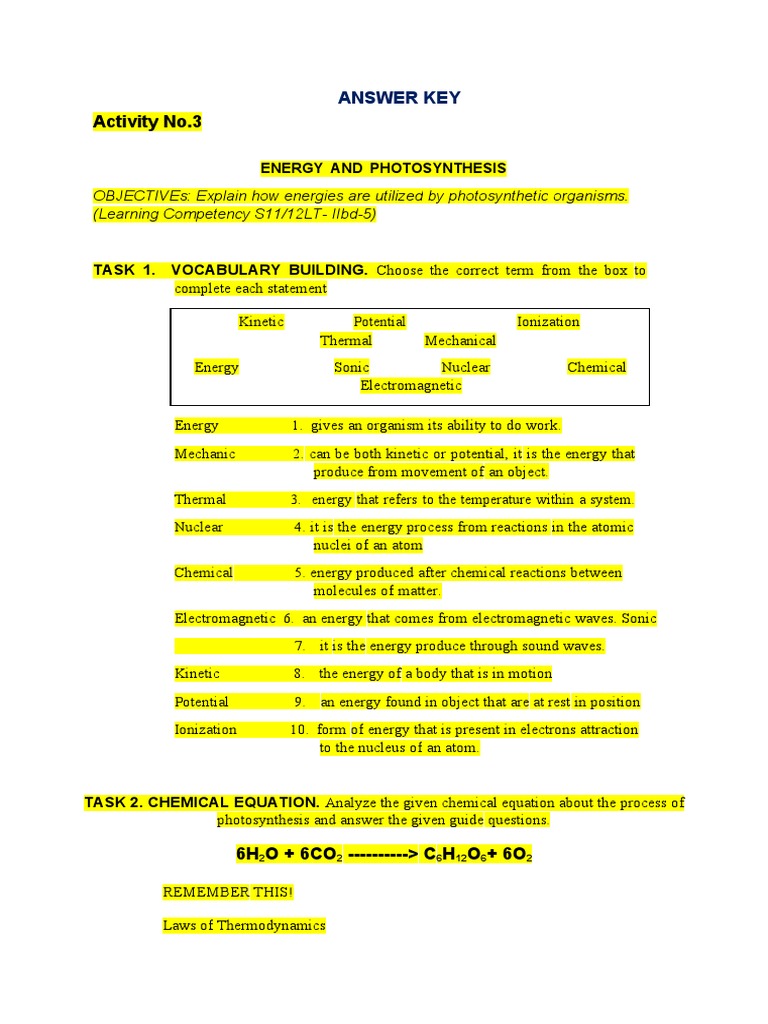 Answer Key-Activity 3 | PDF | Photosynthesis | Biology