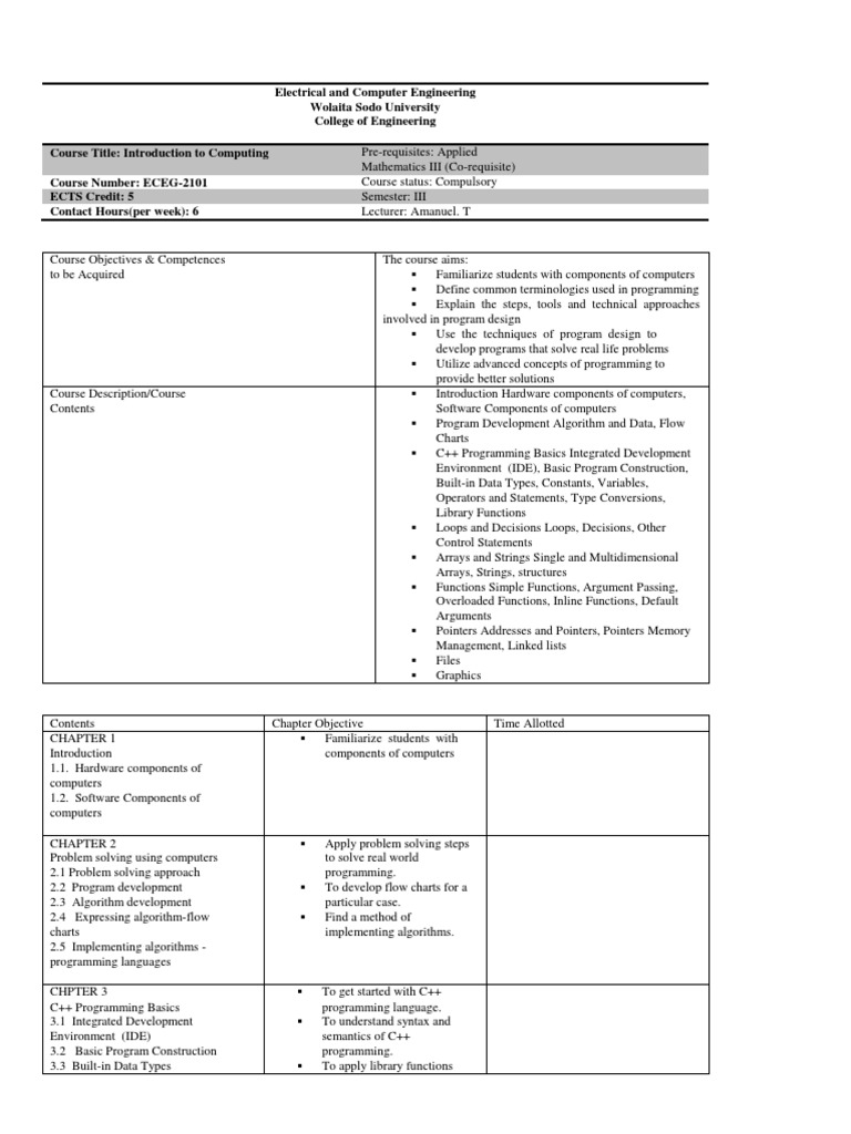 Amanuel Courseoutline | PDF | Subroutine | Pointer (Computer Programming)