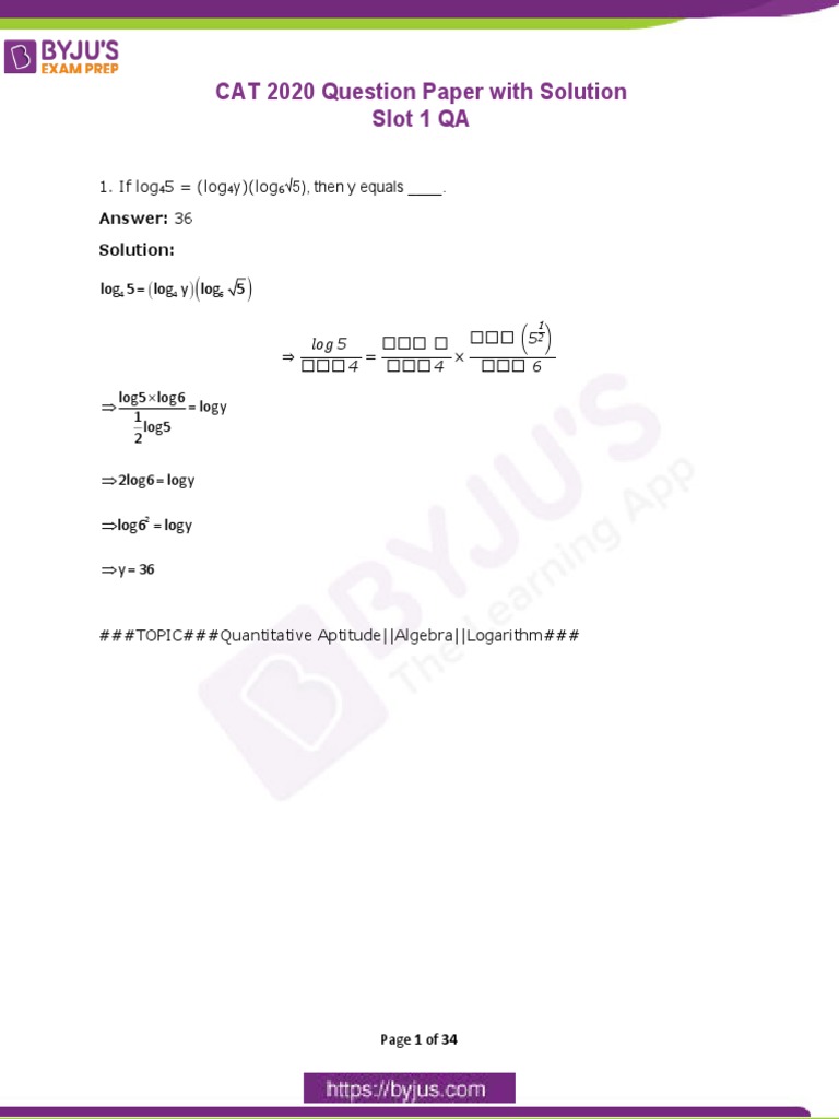 CAT 2020 Slot 1: QA Logarithm & Algebra | PDF | Area | Equations