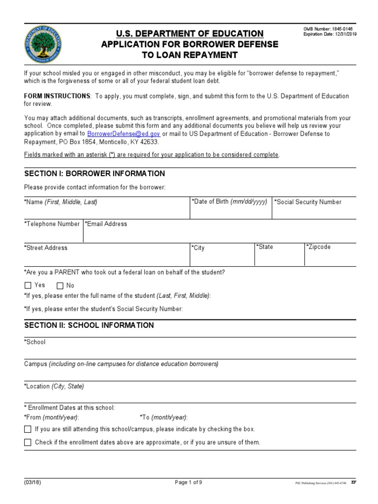 U.S. Department of Education Application For Borrower Defense To Loan ...