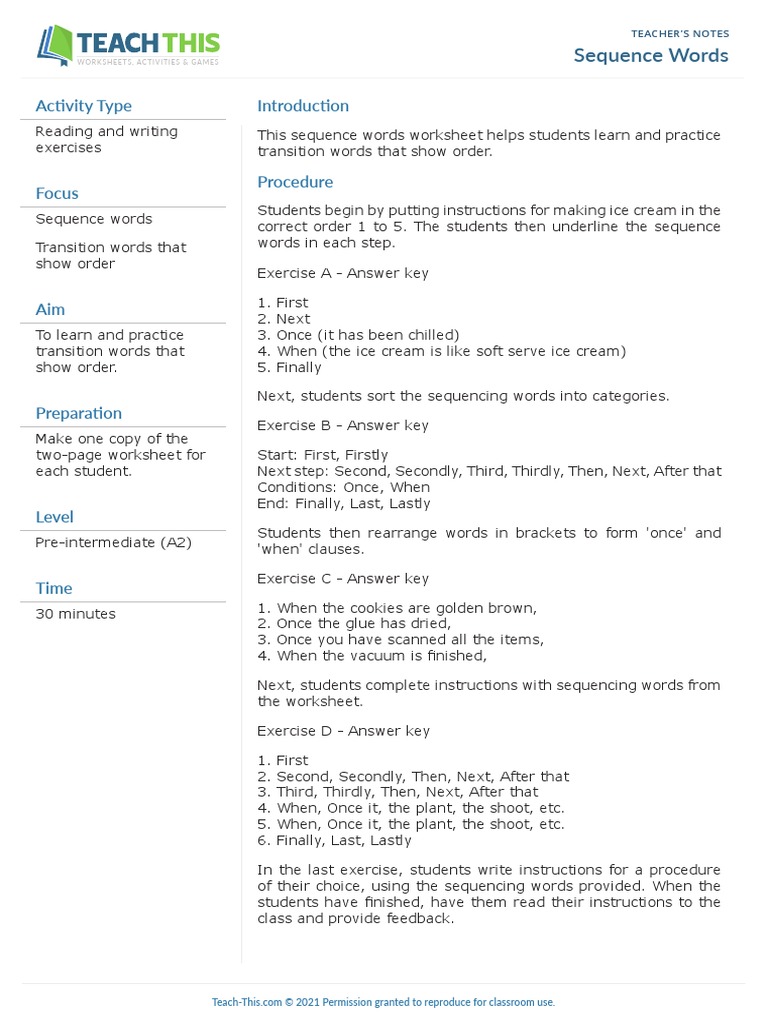 Sequence Words Worksheet | PDF