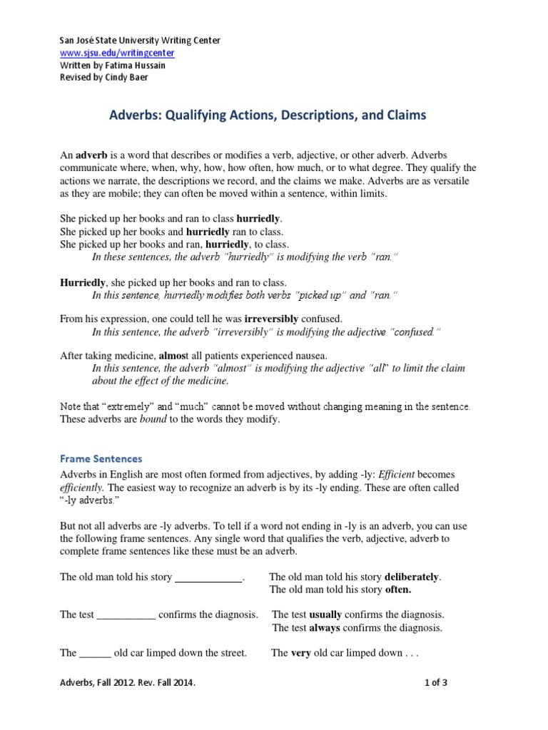 Adverbs: Qualifying Actions, Descriptions, and Claims: WWW - Sjsu.edu ...