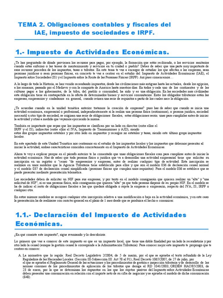 Tema 2. Obligaciones Contables y Fiscales Del IAE, Impuesto de Sociedades e IRPF | PDF
