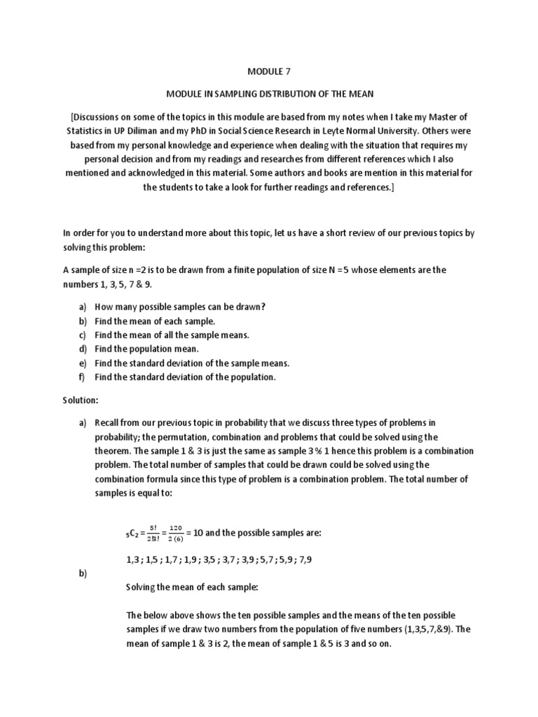 Module 7 Sampling Distribution Pdf Standard Deviation Normal Distribution 