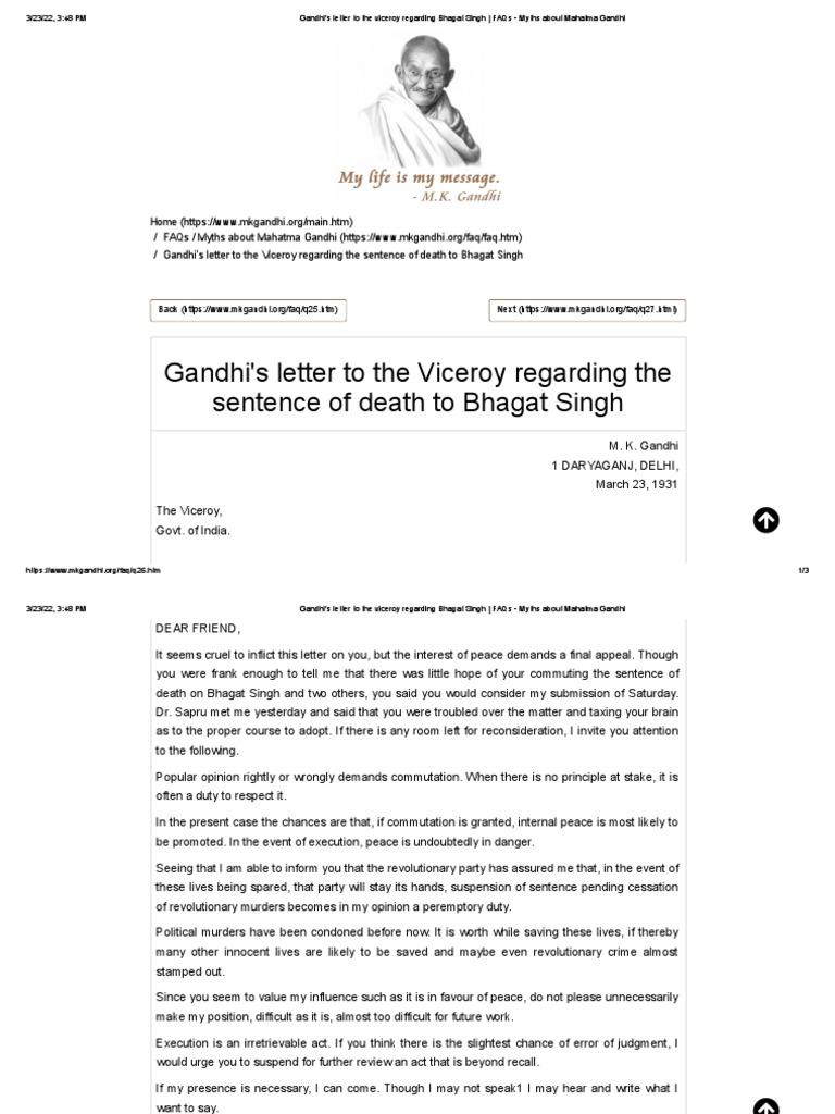Gandhi's Letter To The Viceroy Regarding Bhagat Singh - FAQs - Myths ...
