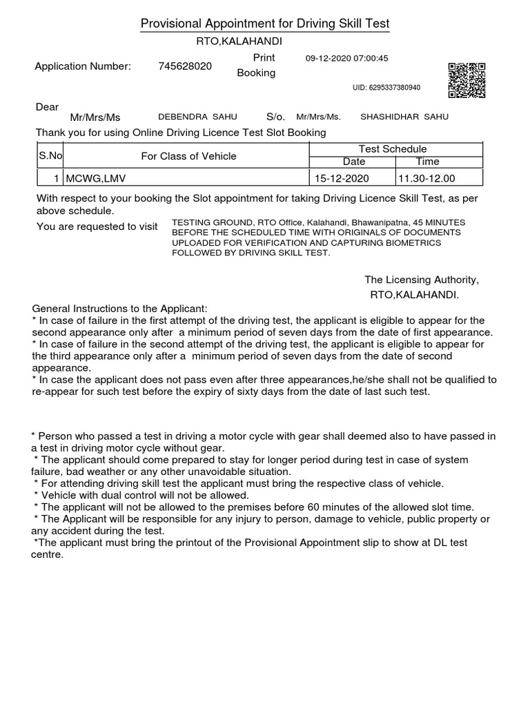Provisional Appointment For Driving Skill Test | PDF | Driver's License ...