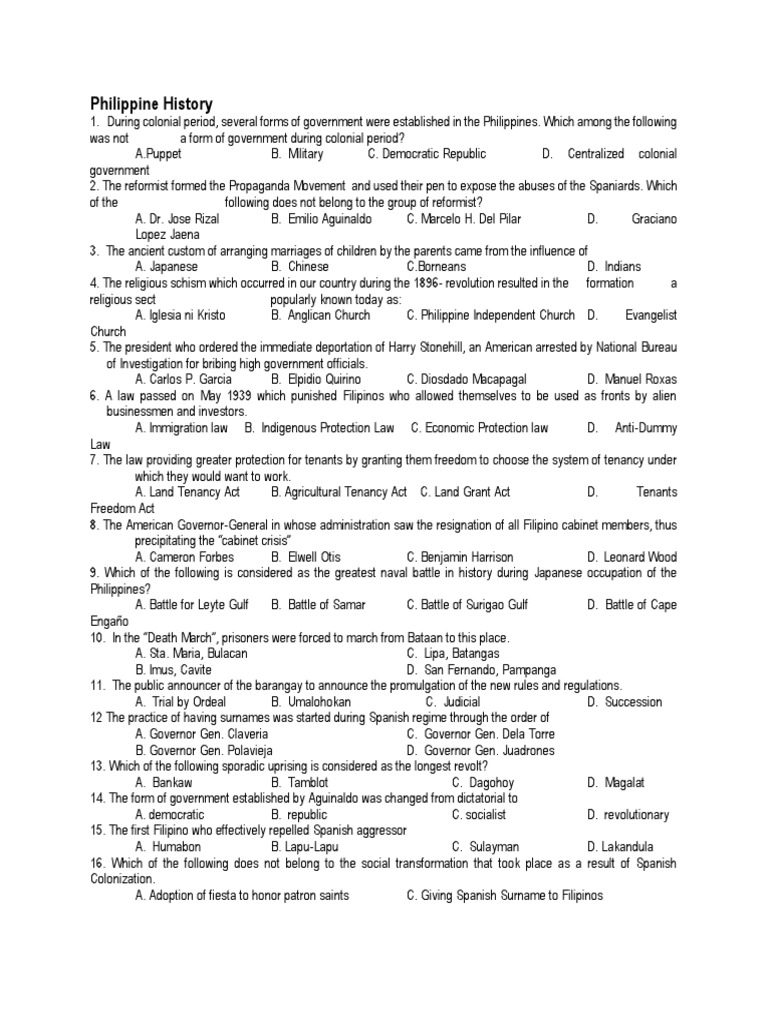 Philippine-History MOCK TEST | PDF | Philippines