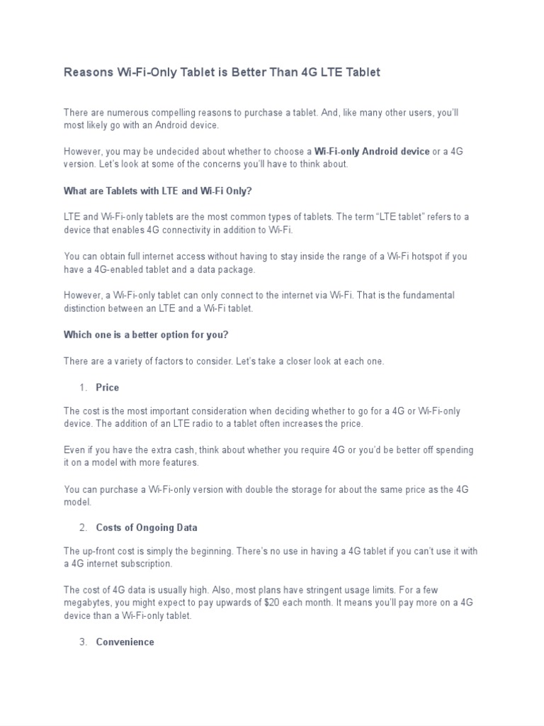 Reasons Wi-Fi-Only Tablet Is Better Than 4G LTE Tablet | PDF