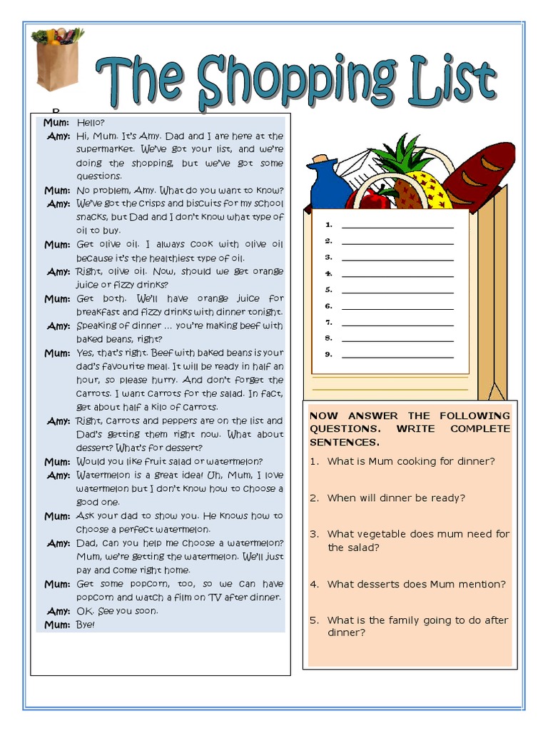 The Shopping List Reading Conversation Topics Dialogs Reading ...