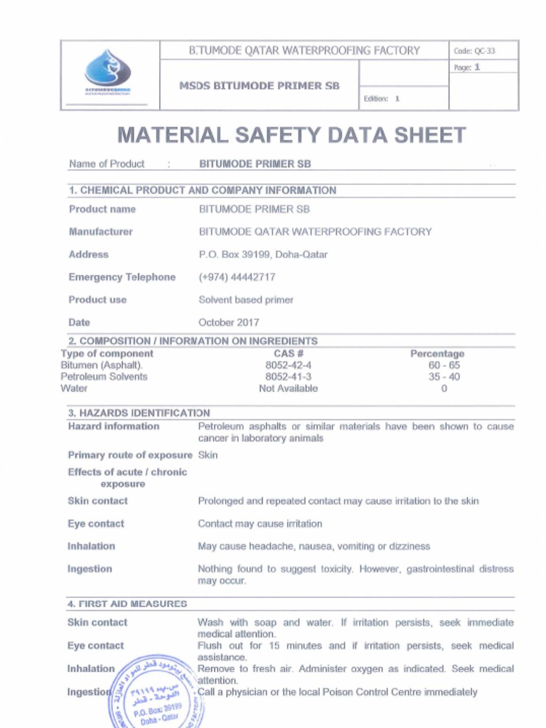 MSDS Bitumode Primer SB QC-33 | PDF