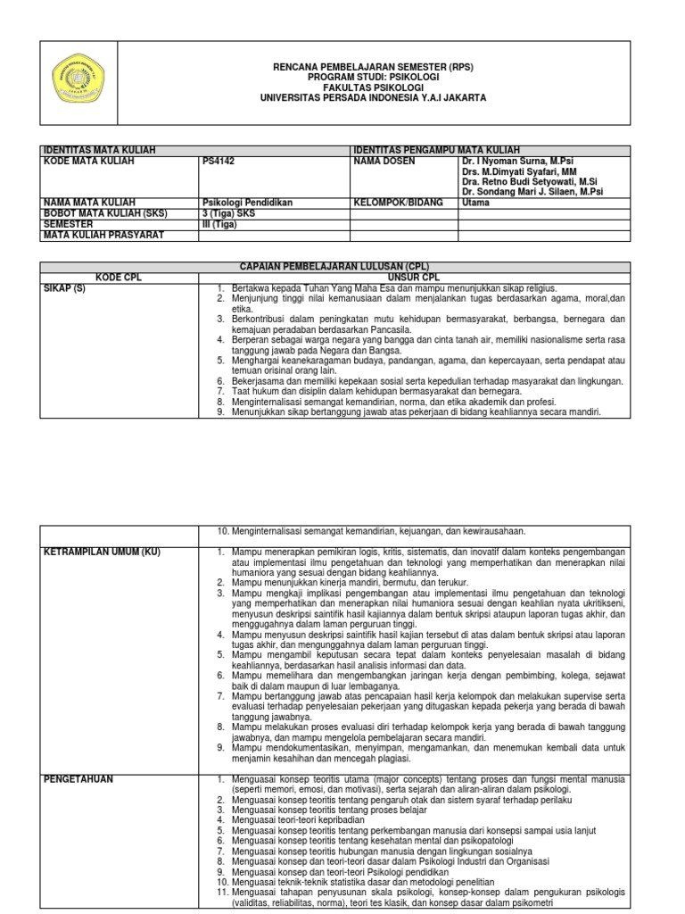 RPS Psikologi Pendidikan (I Nyoman) Ok | PDF | Karier & Perkembangan | Pengembangan Diri