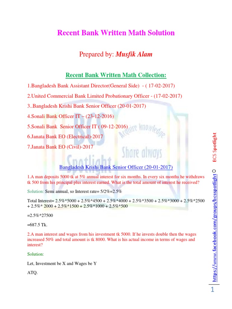 Recent Bank Math Solutions Collection | PDF | Speed | Interest