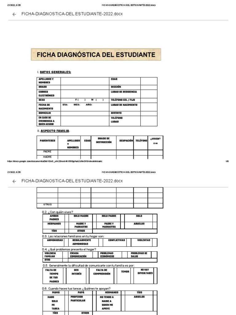Ficha-Diagnostica-Del Estudiante-2022 | PDF