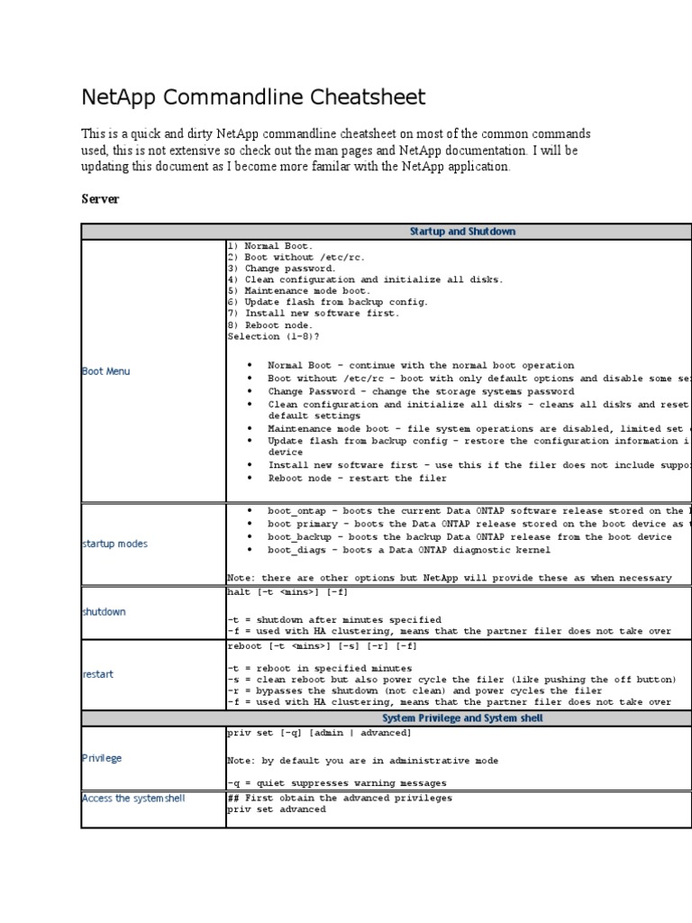 Netapp Commandline Cheatsheet: Server | PDF | Booting | Computer Data