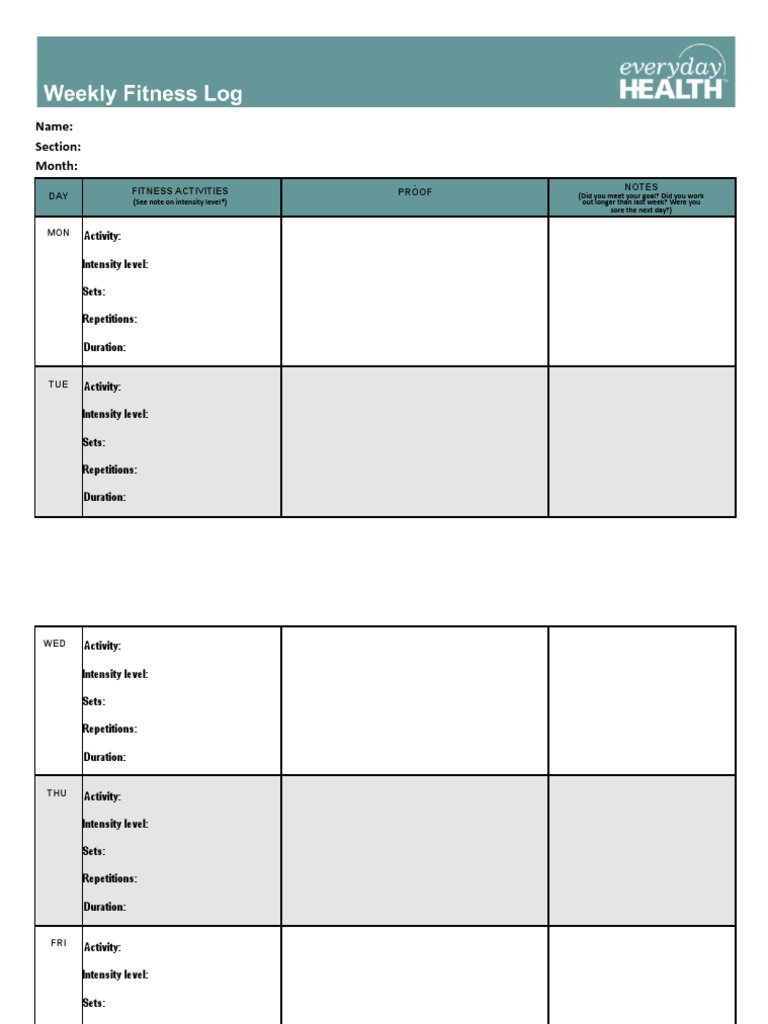 Weekly Fitness Activity Log Template | PDF
