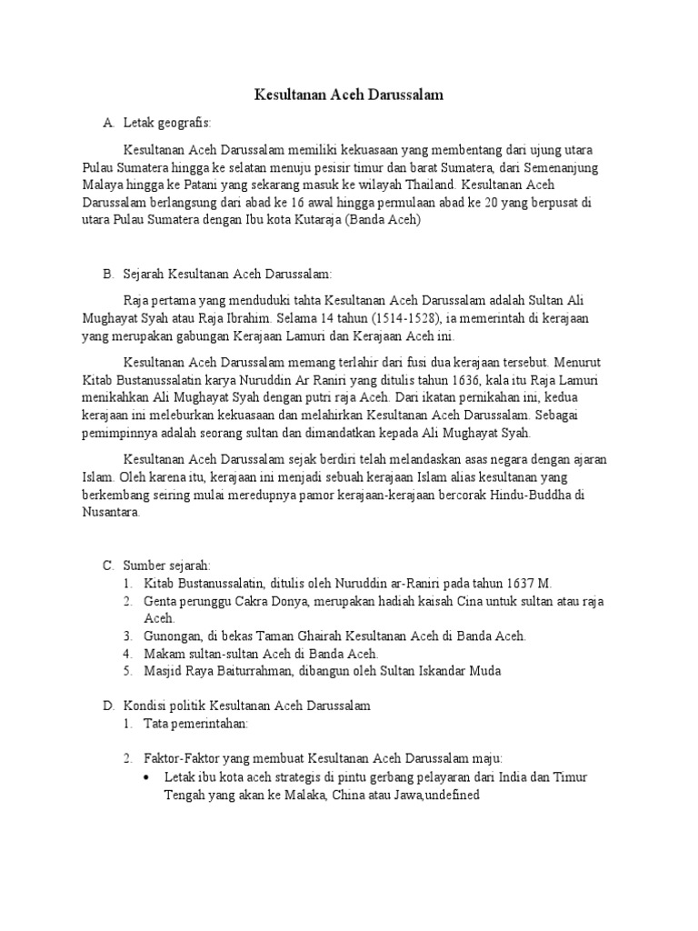 Kesultanan Aceh Darussalam | PDF