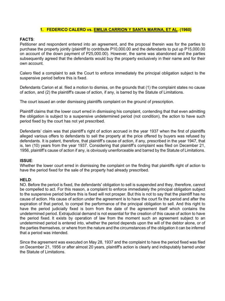 Federico Calero vs. Emilia Carrion Y Santa Marina, Et Al. (1960) Facts ...