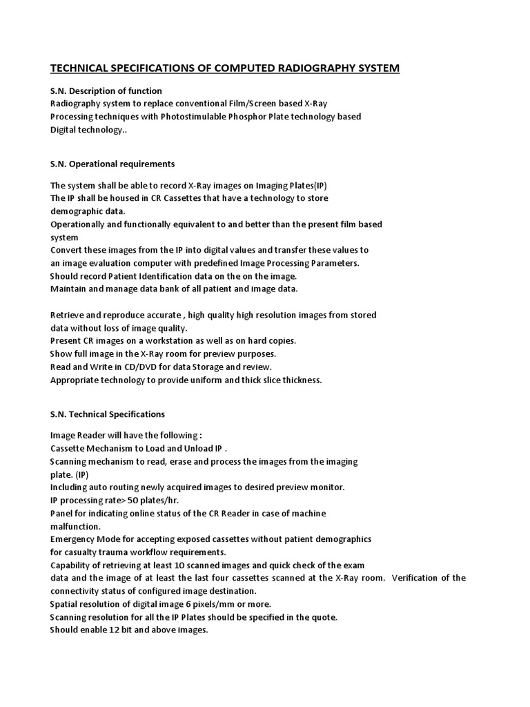 Technical Specifications of Computed Radiography System | PDF ...