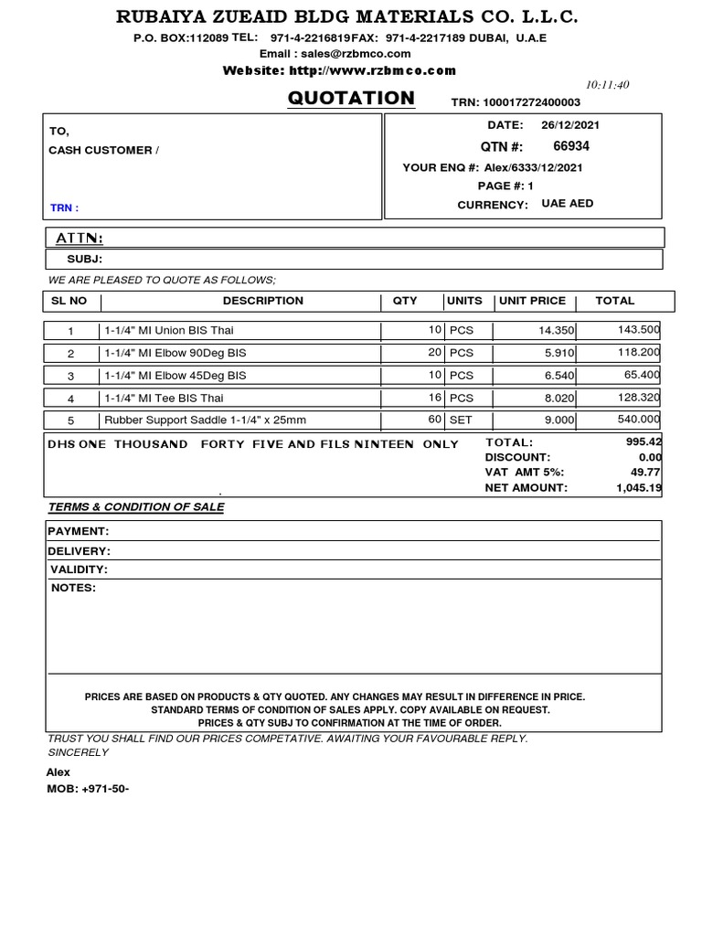 Quotation for Building Materials from Rubaiya Zueaid Building Materials ...