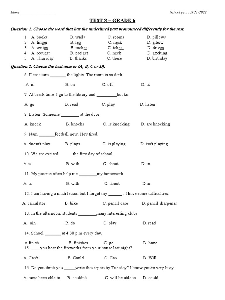 Test 8 - Grade 6: Question 1. Choose The Word That Has The Underlined ...