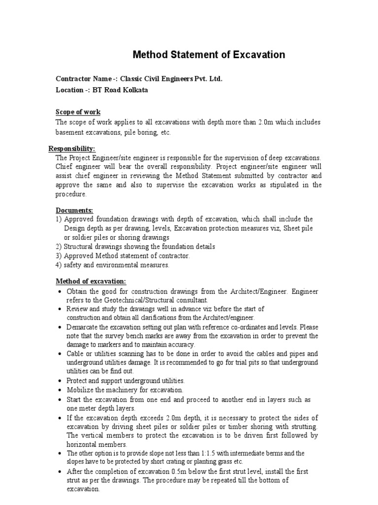 Method Statement of Excavation | PDF | Deep Foundation | Earth Sciences