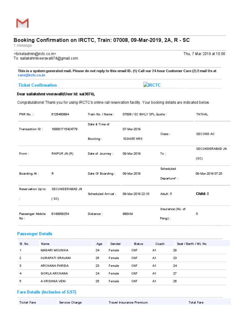 Booking Confirmation On IRCTC, Train: 07008, 09-Mar-2019, 2A, R - SC ...