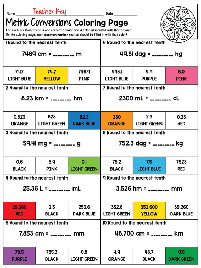 MetricSystemConversionColorByNumber ANSWERS | PDF | Color | Vision