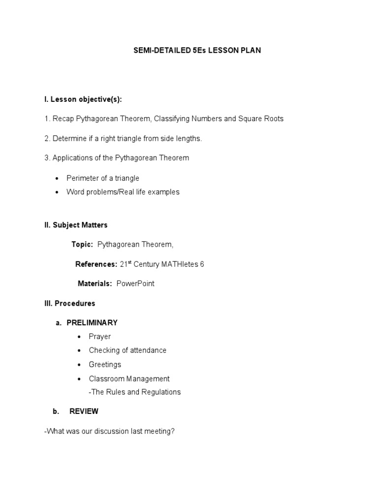 SEMI-DETAILED 5es LESSON PLAN Math - Rosalem | PDF | Lesson Plan ...