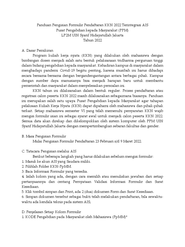 Panduan Pengisian Formulir Pendaftaran KKN 2022 | PDF
