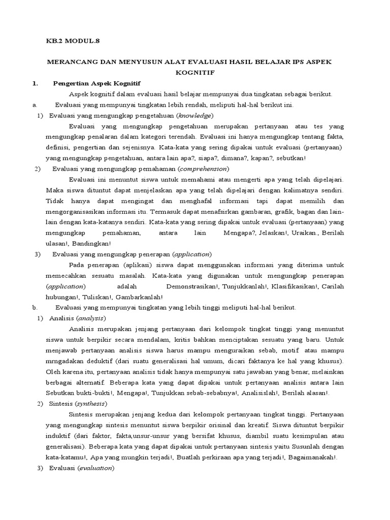 KB.2 MODUL.8 Merancang Dan Menyusun Alat Evaluasi Hasil Belajar Ips Aspek Kognitif 1. Pengertian ...
