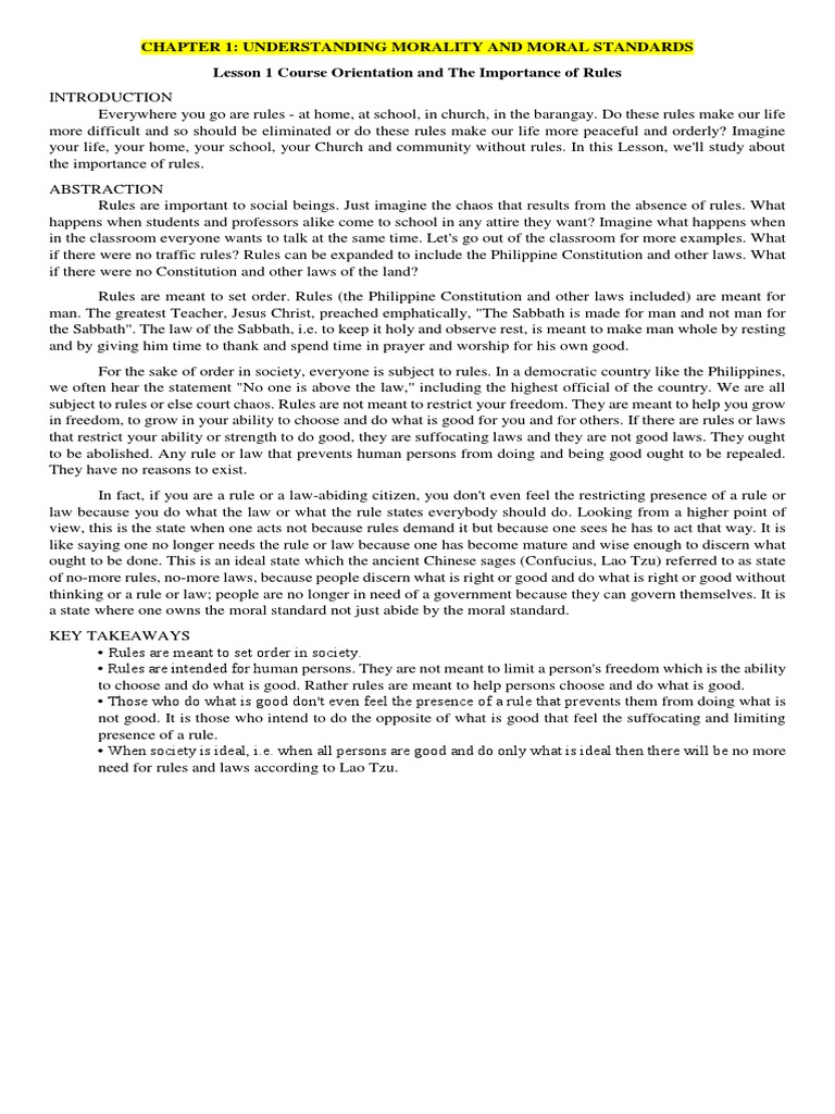 Chapter 1: Understanding Morality and Moral Standards Lesson 1 Course Orientation and The ...