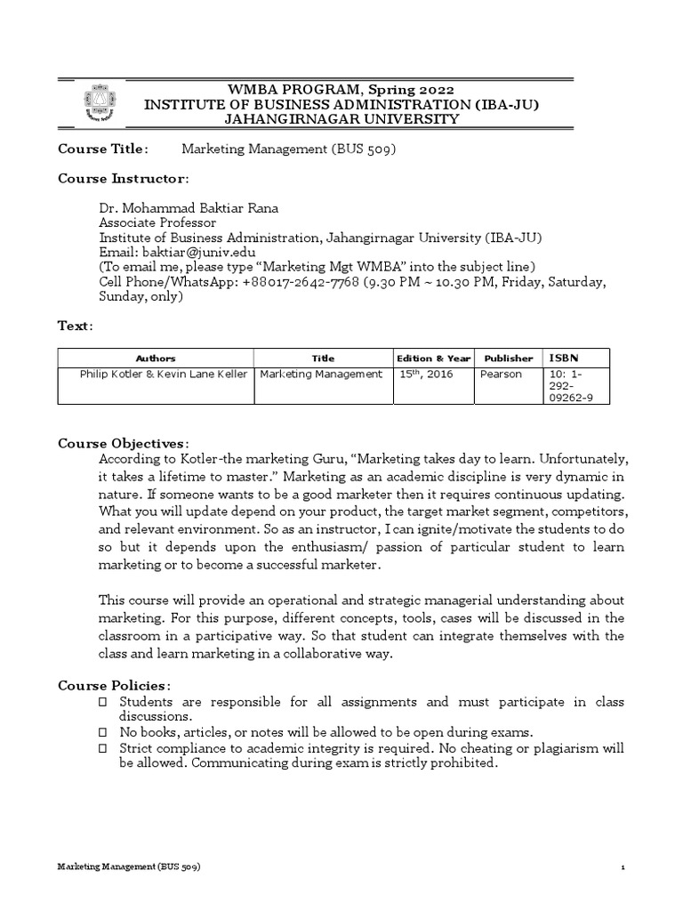 Marketing Management Course Syllabus: Overview of Key Learning ...