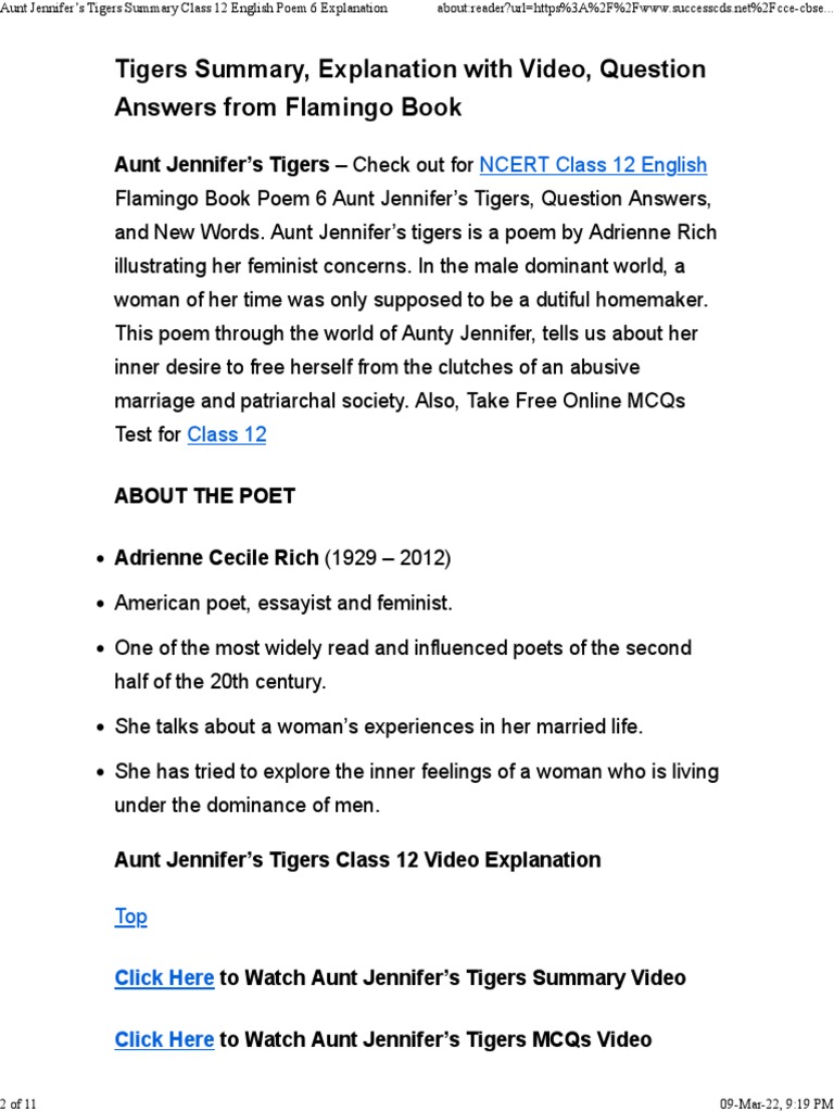 Aunt Jennifer's Tigers Summary | PDF | Poetry | Embroidery