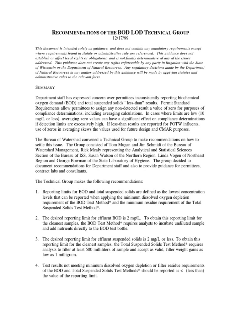 Recommendations for Reporting BOD and TSS Results | PDF | Detection ...