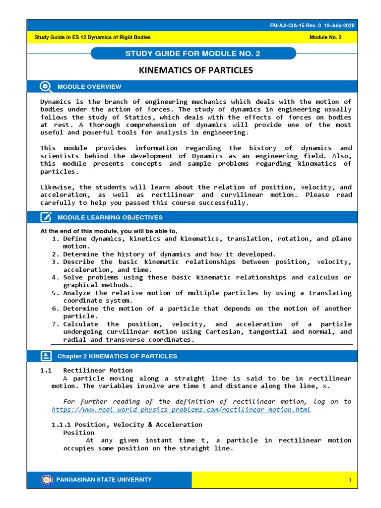 Kinematics of Particles: Study Guide For Module No. 2 | PDF | Kinematics | Acceleration