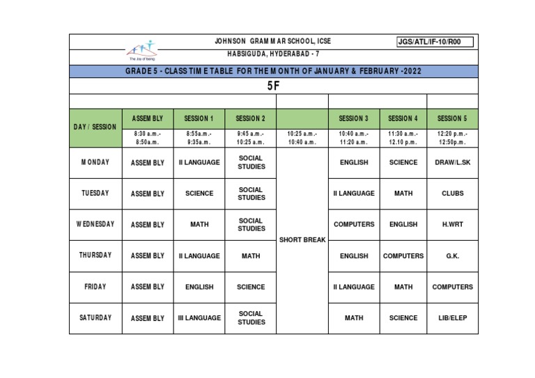 Grade 5 - Class Time Table For The Month of January & February - 2022 ...