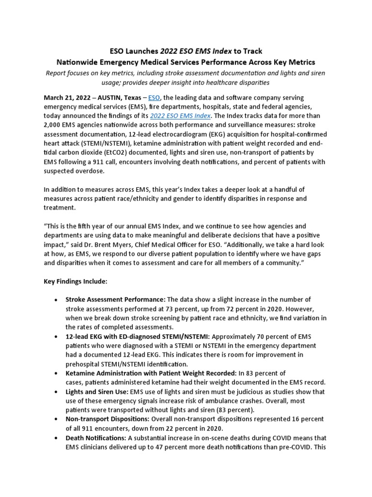 ESO Launches 2022 ESO EMS Index To Track Nationwide Emergency Medical ...