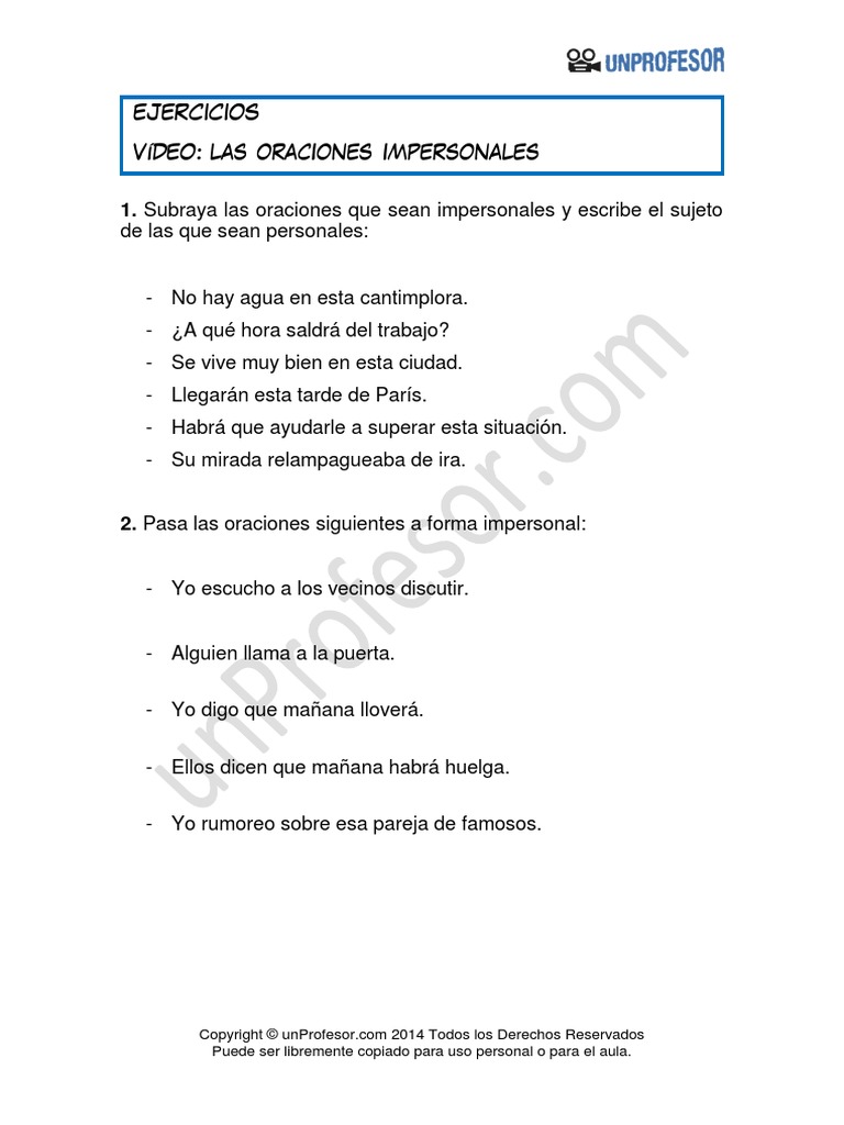 Ejercicio Las Oraciones Impersonales 218 | PDF